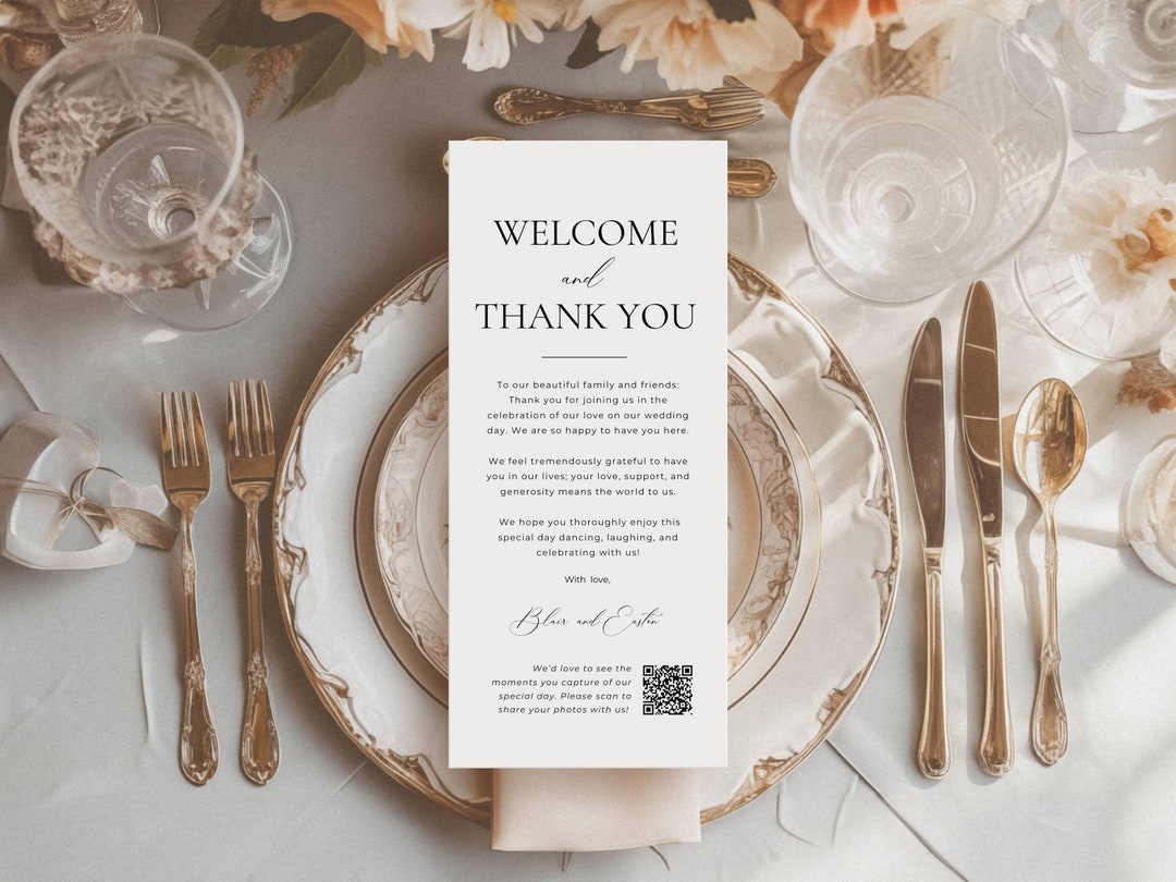 Wedding Thank You Card With Qr Code, Welcome and Thank You Table Cards ...