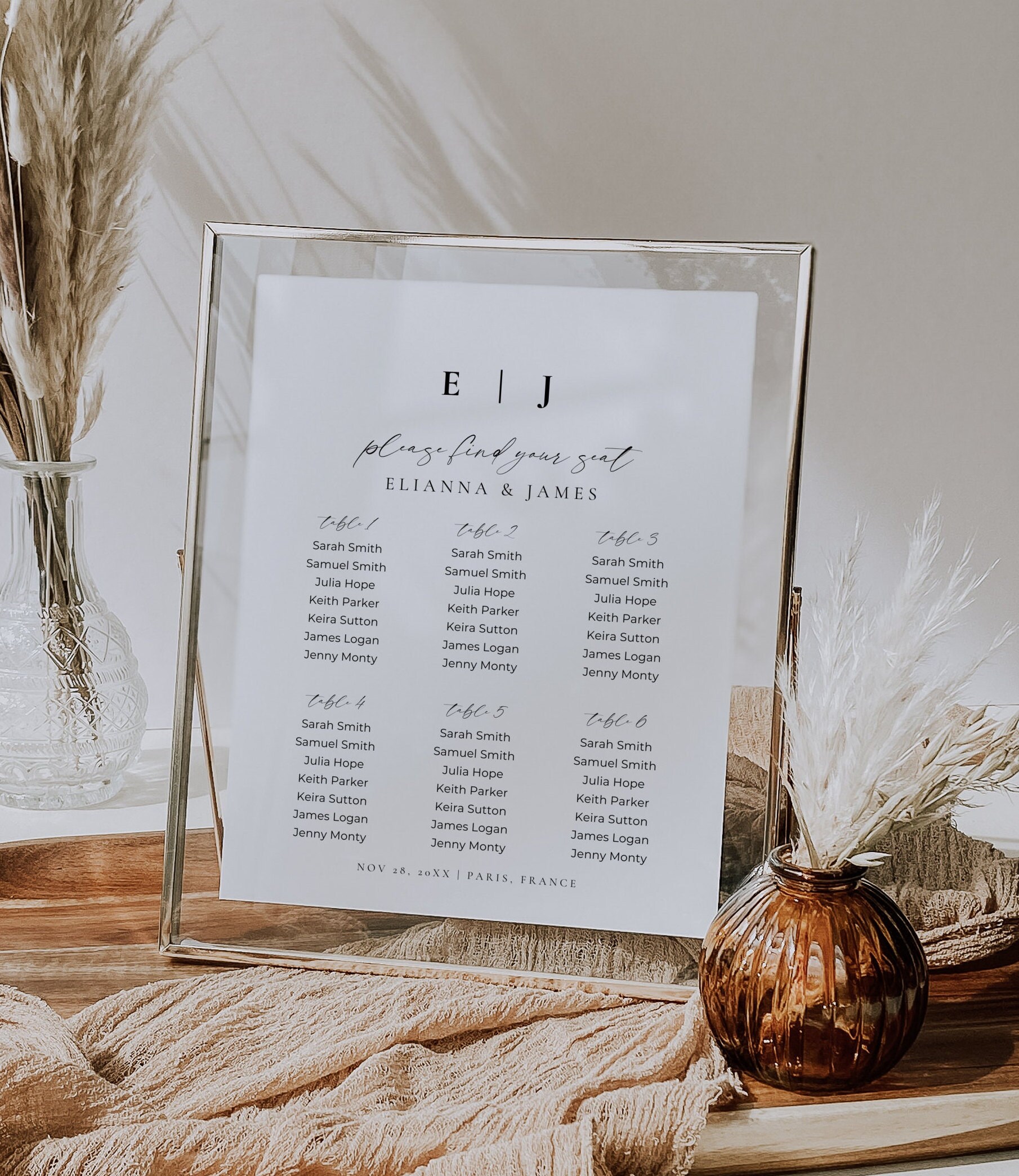 Seating Chart Small Wedding, Seating Chart Template Monogram, 6 Tables ...