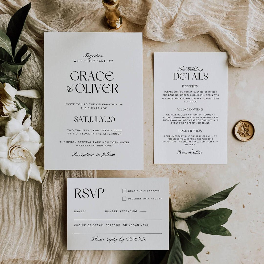 Elegant Minimal Wedding Invitation Suite, Editable Invite Template Set ...