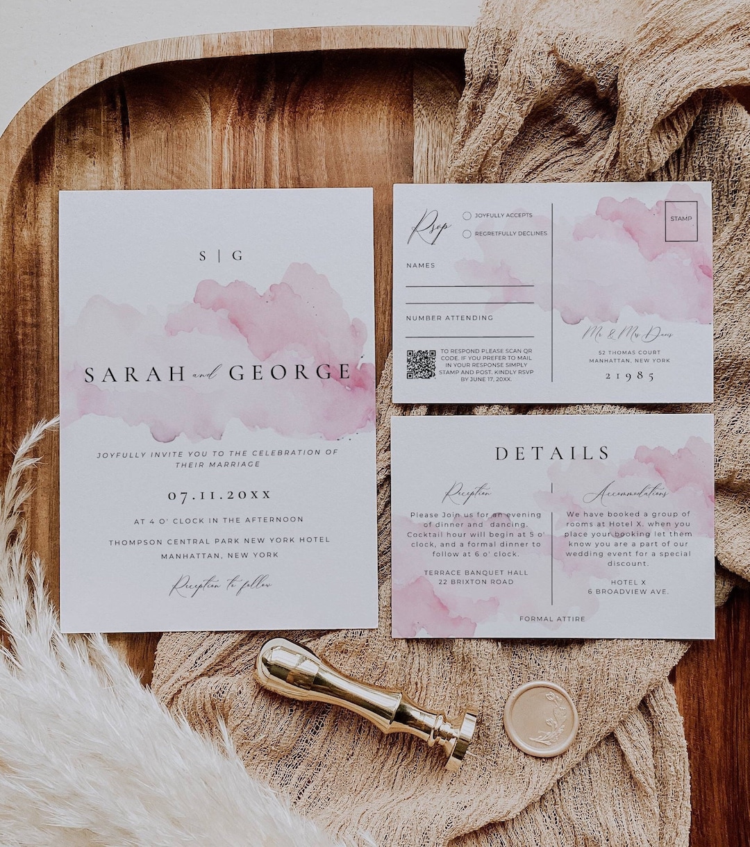 Blush Minimalist Wedding Invitation Suite, Monogram Invites With Qr ...