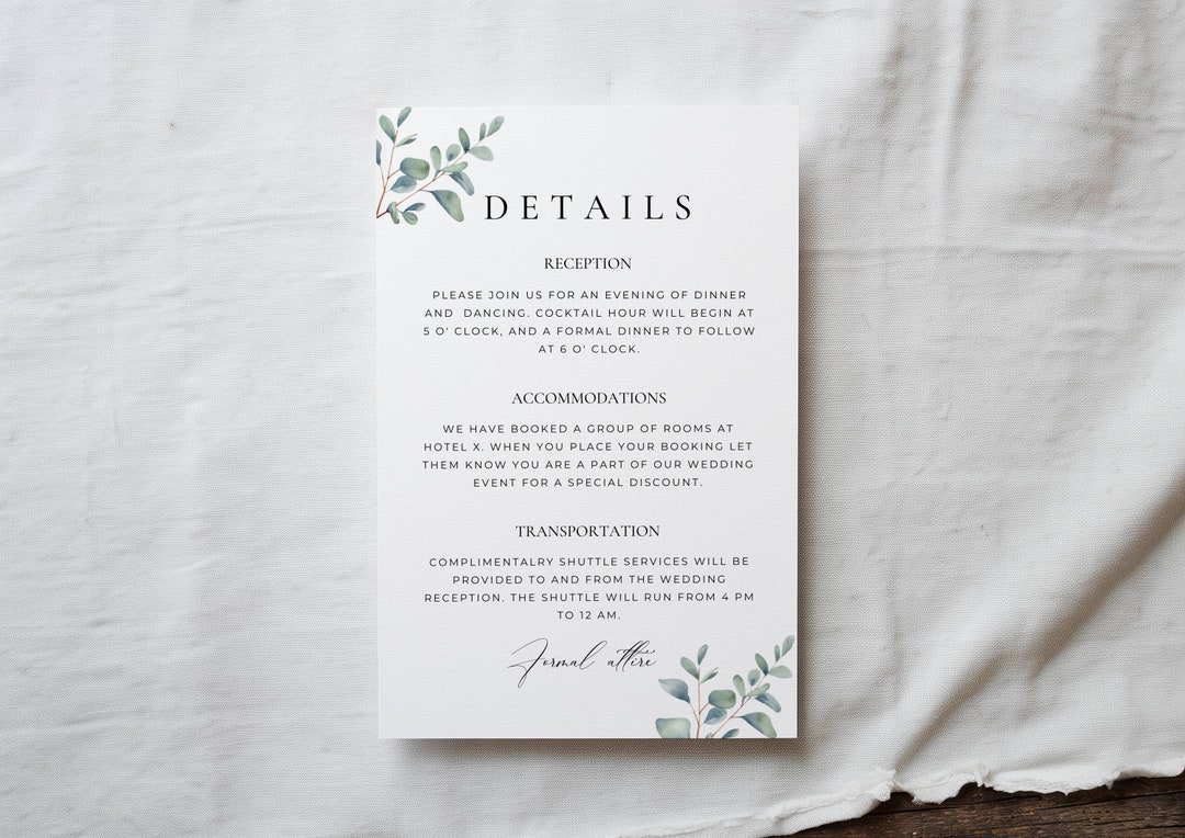 Greenery Eucalyptus Wedding Details Card, Minimal Invite Enclosure Card, Reception ...