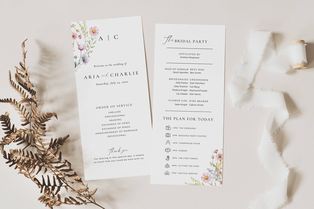 Wildflower Wedding Program Menu Template, Monogram Order of Service ...