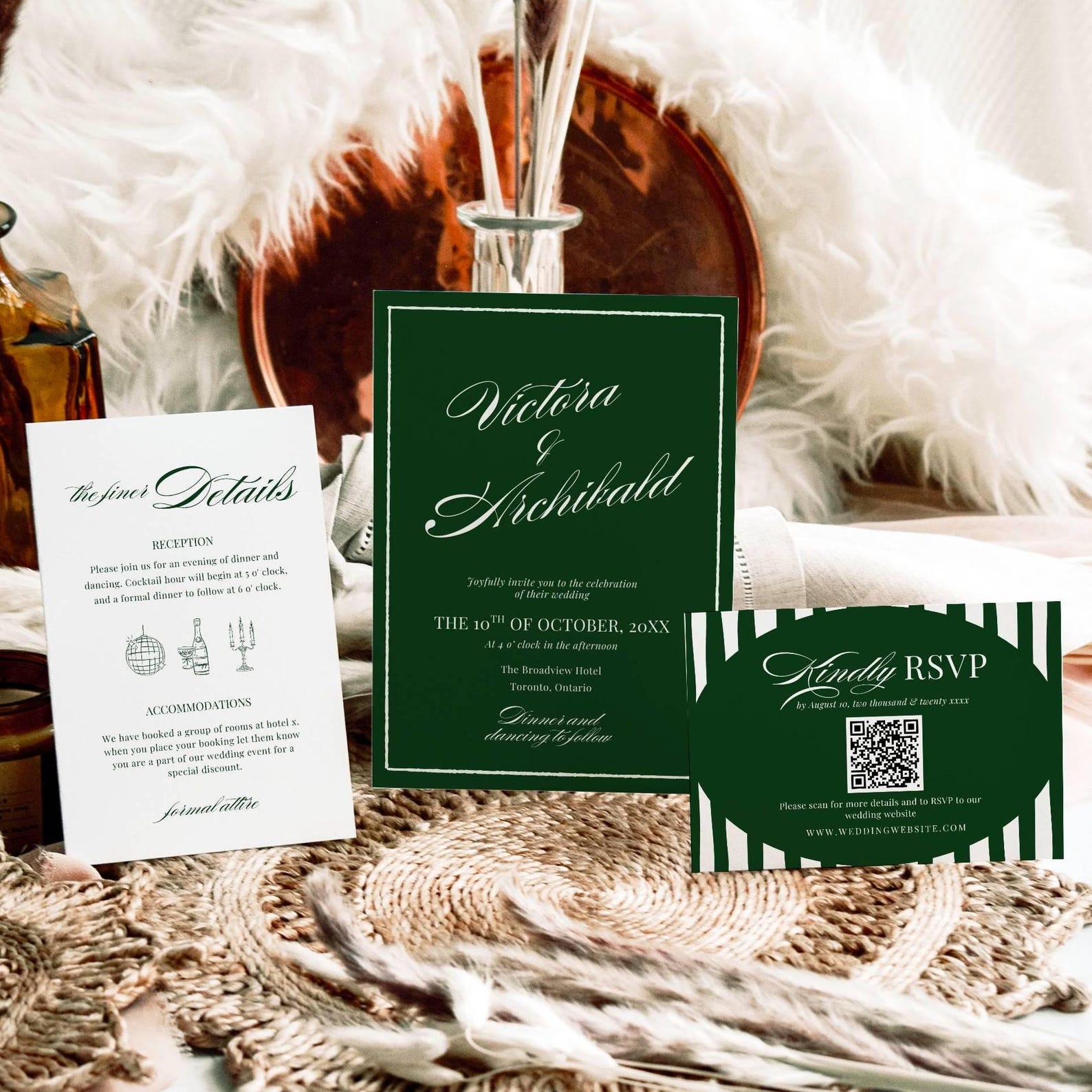 Retro Green Stripes Wedding Invitation, Old Money Invitation Suite ...