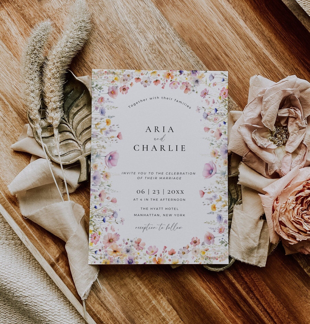 Wildflower Border Wedding Invitation Canva, Minimal Floral Invitation ...
