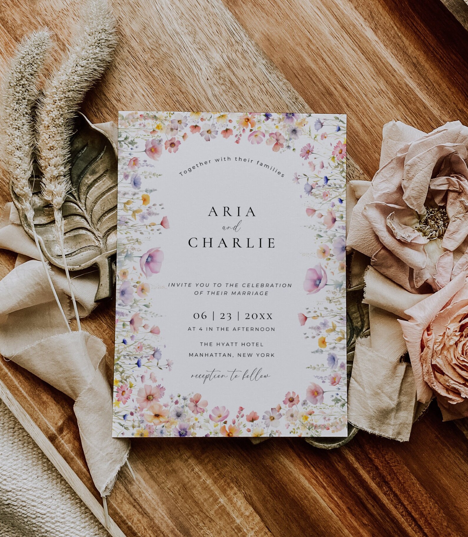 Watercolor Wildflower Border Wedding Invitation, Whimsical Floral ...