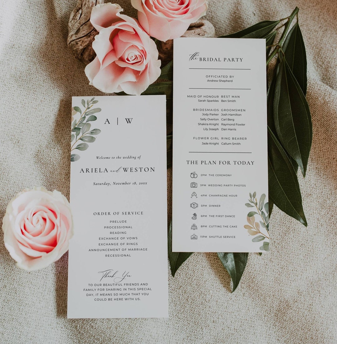 Greenery Eucalyptus Wedding Program Template, Minimal Ceremony Schedule ...