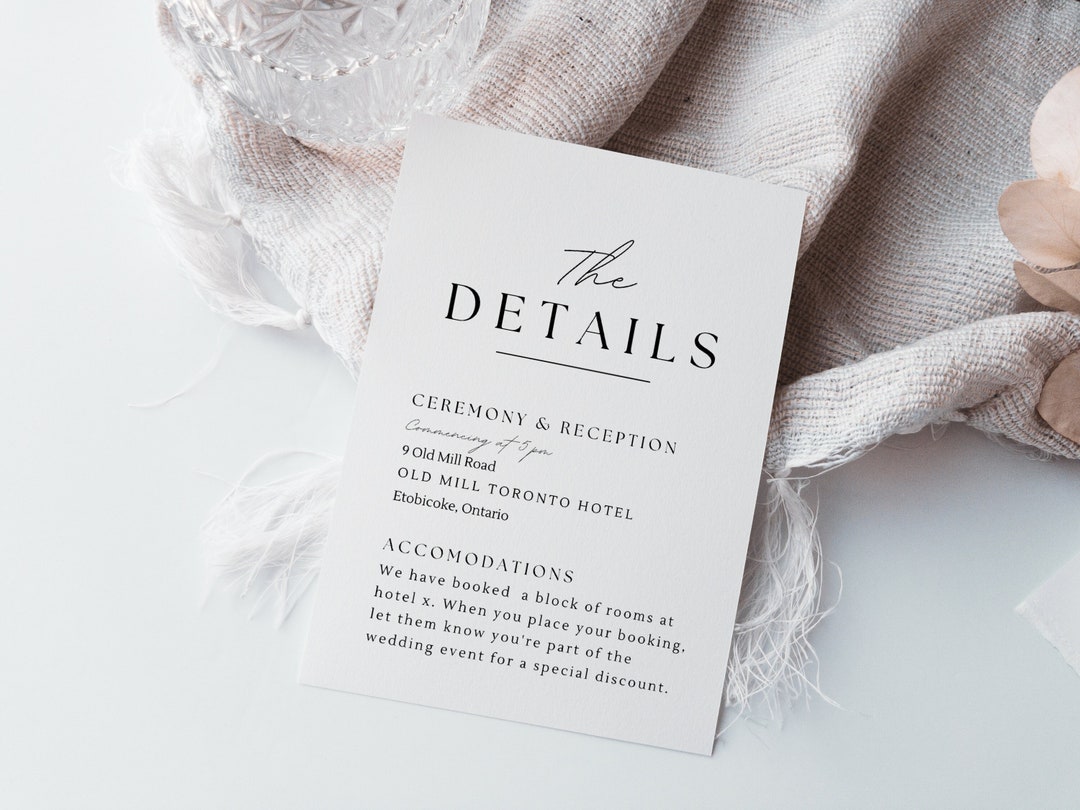 Minimalist Wedding Invite Details Enclosure, the Details Info Card, Reception and Accommodations ...