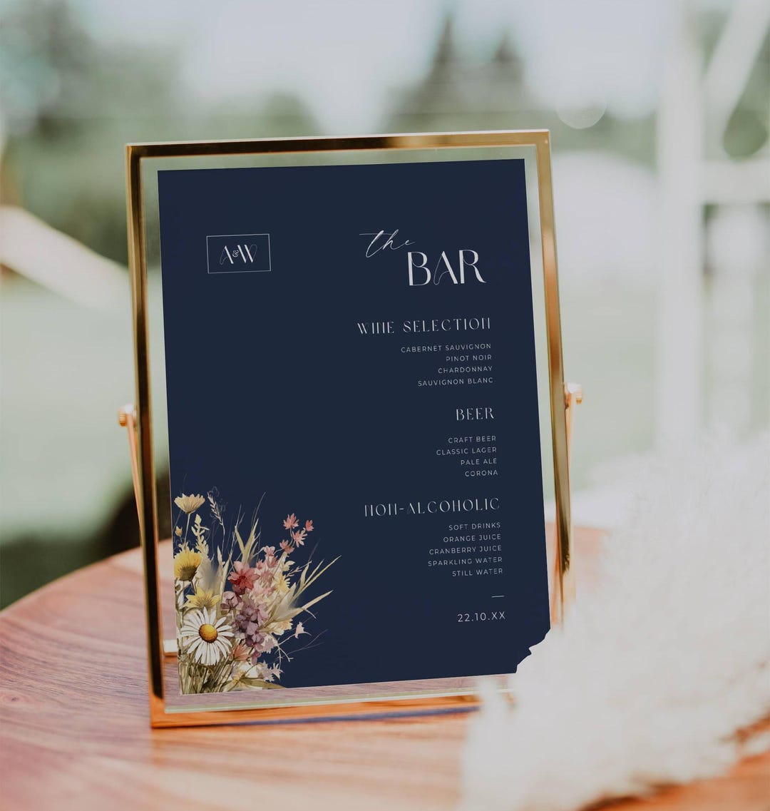 Navy Blue Bar Menu, Floral Wedding Bar Sign Template, Wildflower Drink ...
