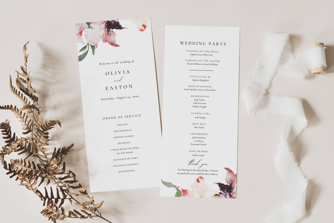Floral Wedding Program Double Sided, Elegant Program Menu Template, Wildflower Order of Service ...