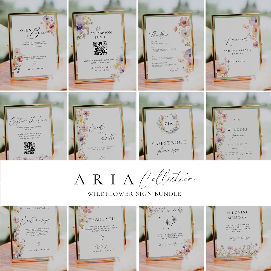 Wildflower Wedding Sign Bundle Templates, Simple Floral Table Sign ...