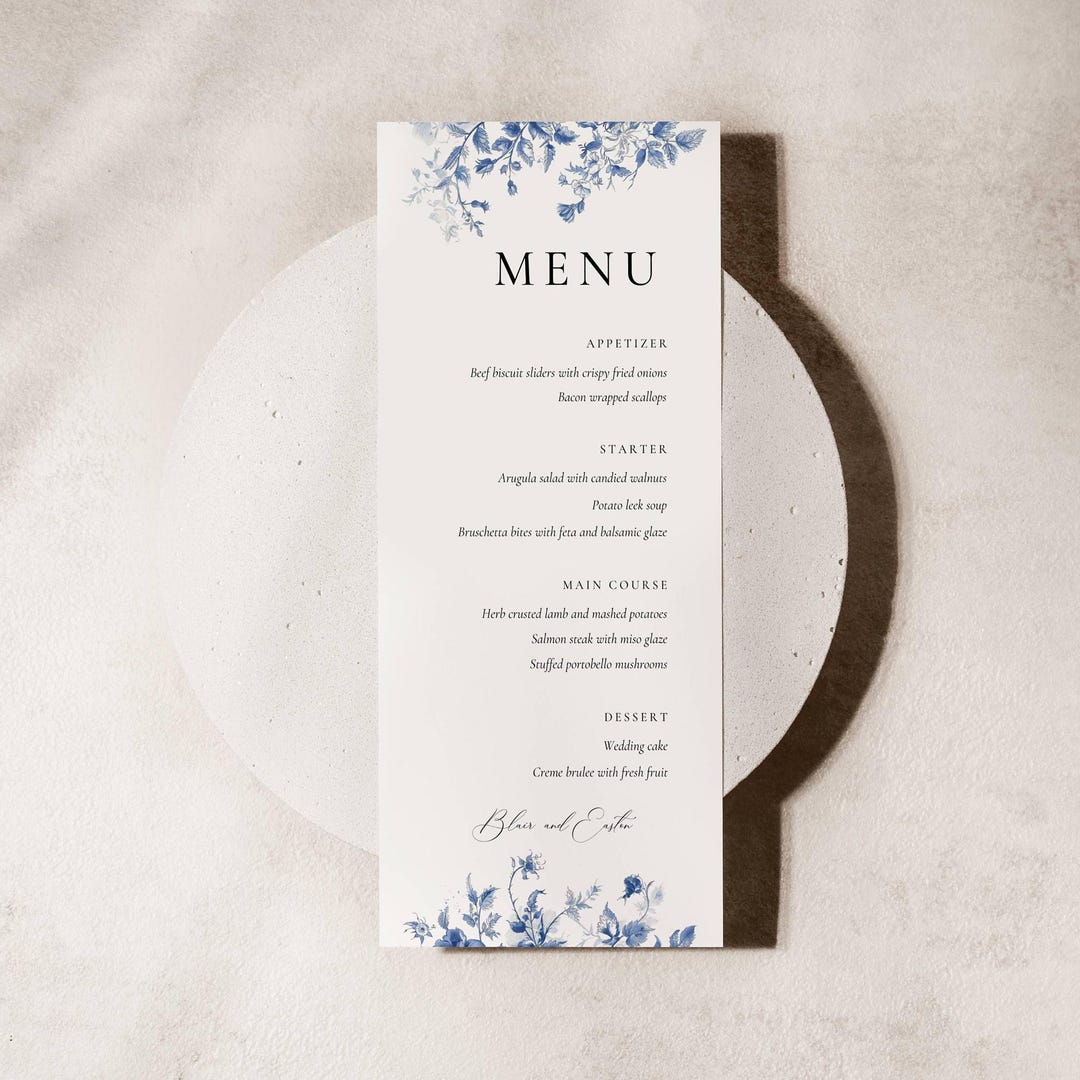 Blue Toile Wedding Menu, Dusty Blue Dinner Menu Card, Editable Table ...