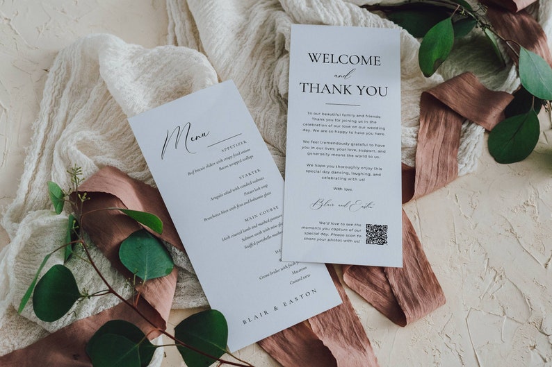 Thank You and Menu Card, Elegant Wedding Dinner Menu Template, Thank ...