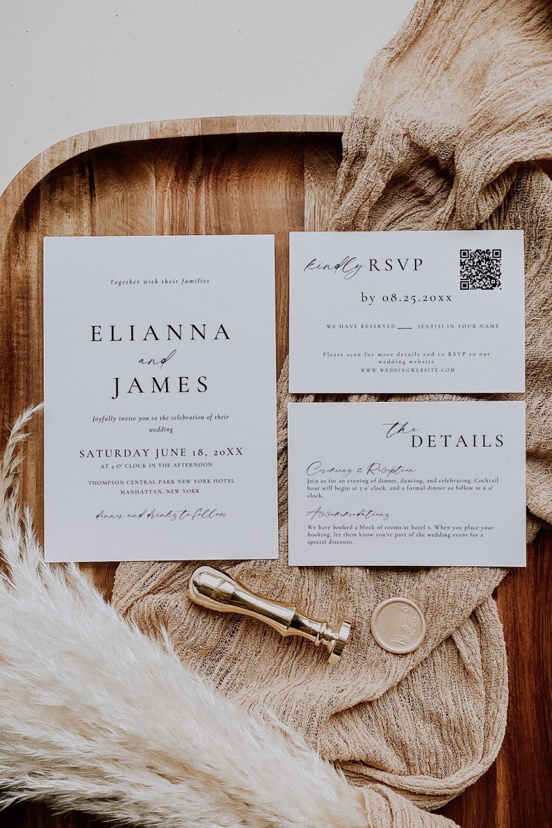 Fancy Wedding Invitation Suite, Modern Wedding Invite Template Set, Qr ...