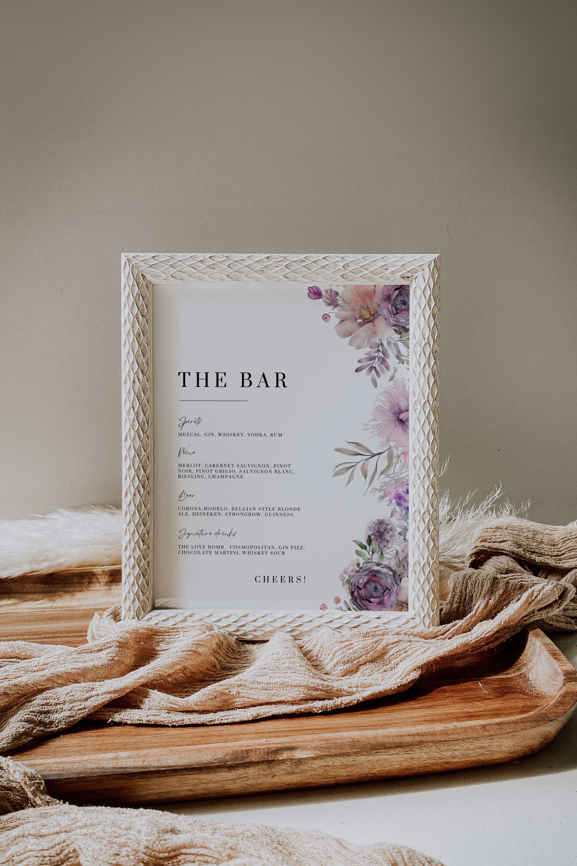 Lilac Floral Bar Menu Sign, Lavender Wedding Bar Menu Template ...