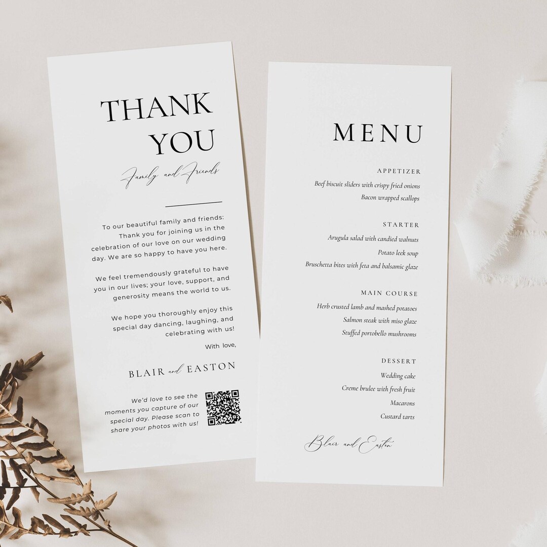 Menu and Thank You Note, Wedding Thank You Card With Qr Code, Reception ...