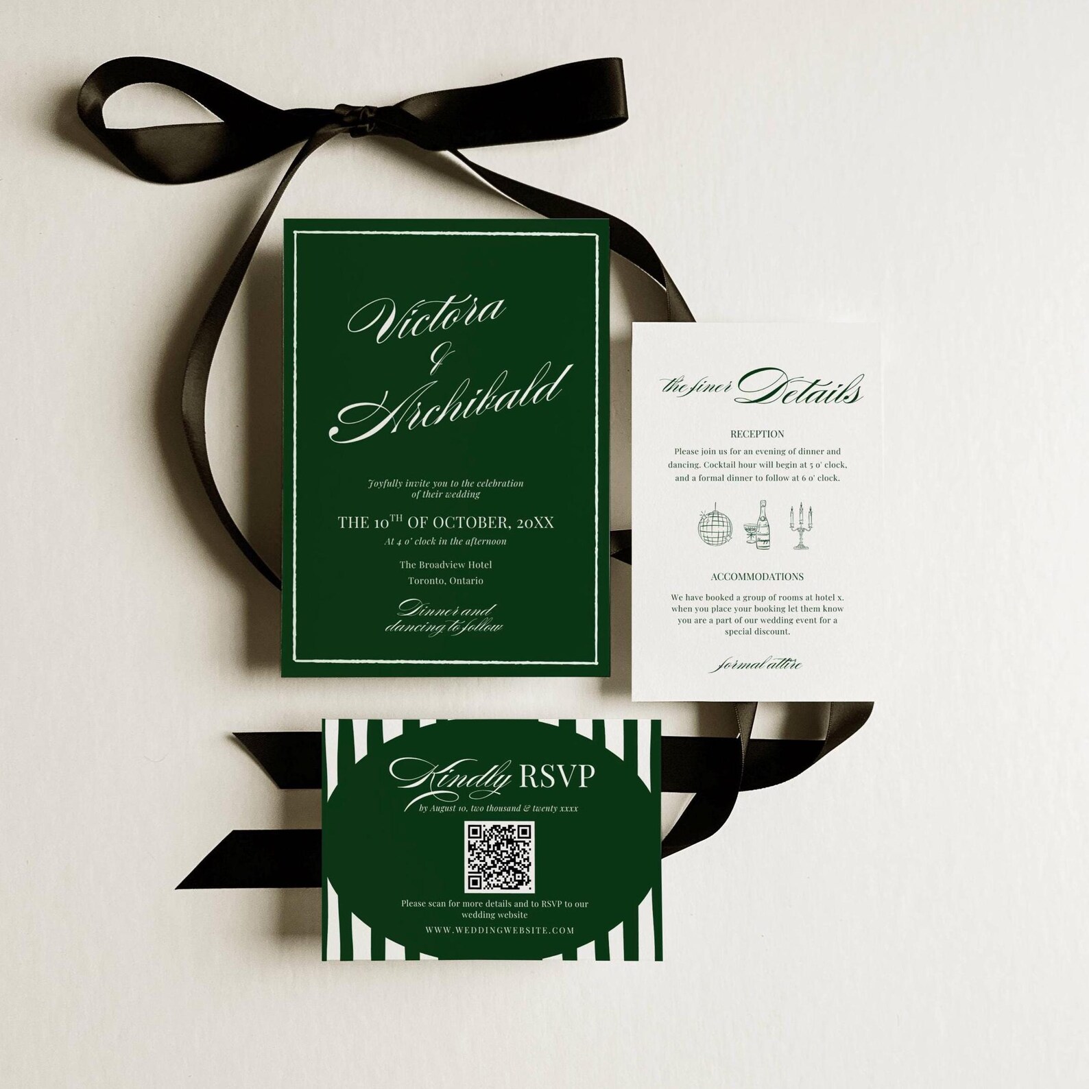 Retro Green Stripes Wedding Invitation, Old Money Invitation Suite ...