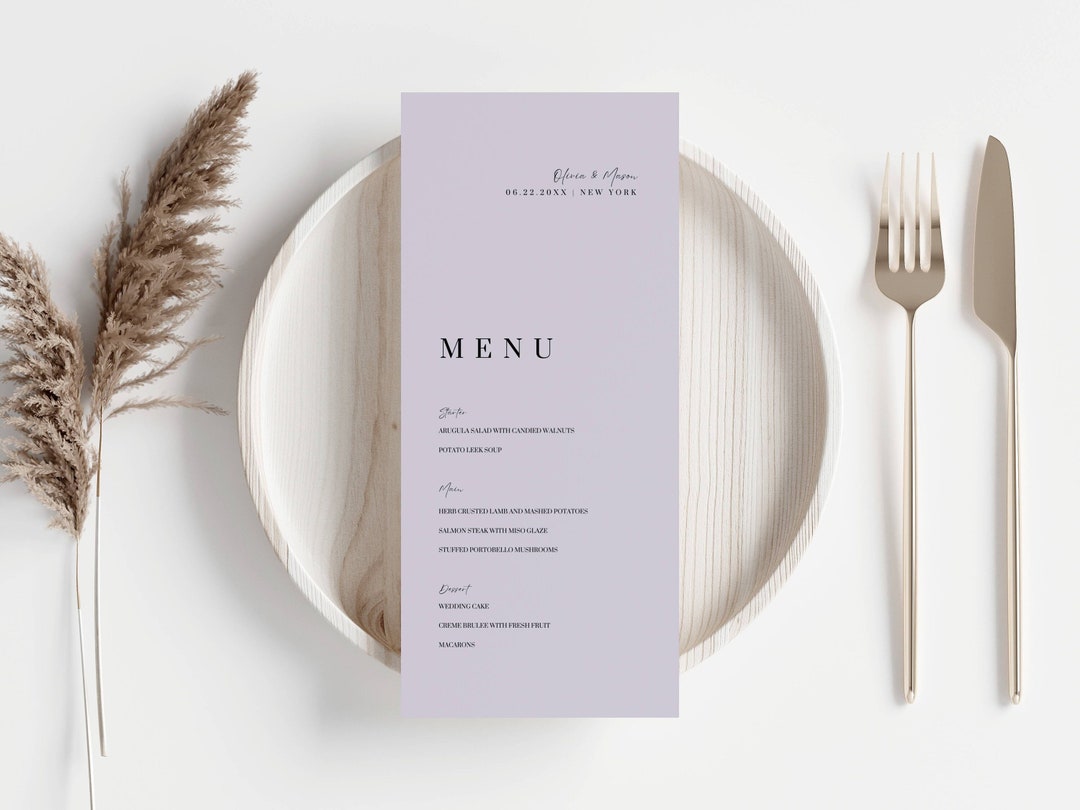 Lilac Wedding Dinner Menu Template, Lavender Reception Table Dinner ...