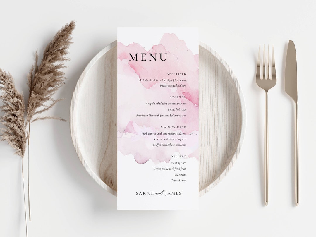 Blush Watercolor Wedding Menu Template, Light Pink Dinner Menu Card ...