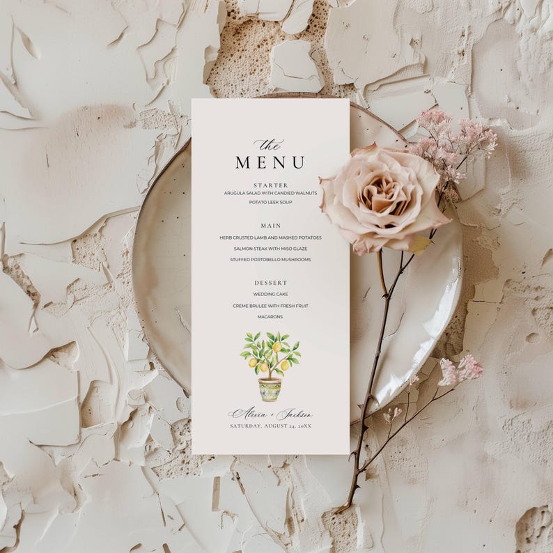 Mediterranean Wedding Menu, Lemon Wedding Menu Cards, Destination ...