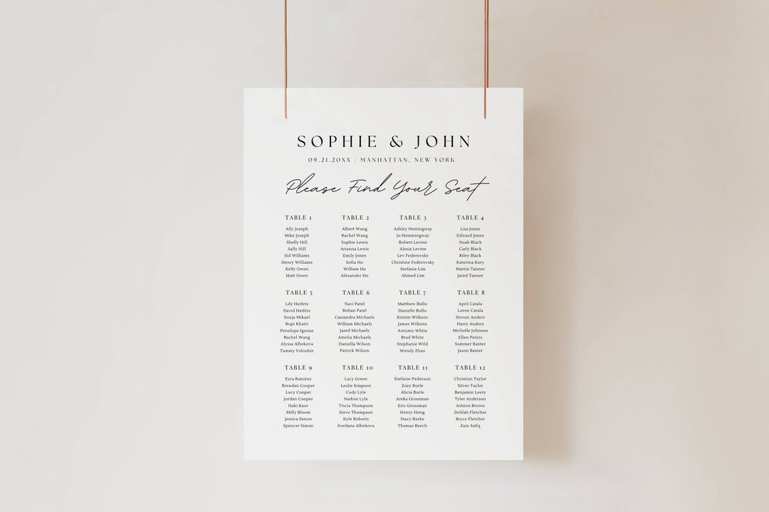 Minimal Seating Chart Downloadable Template, Modern Seating Plan Poster ...