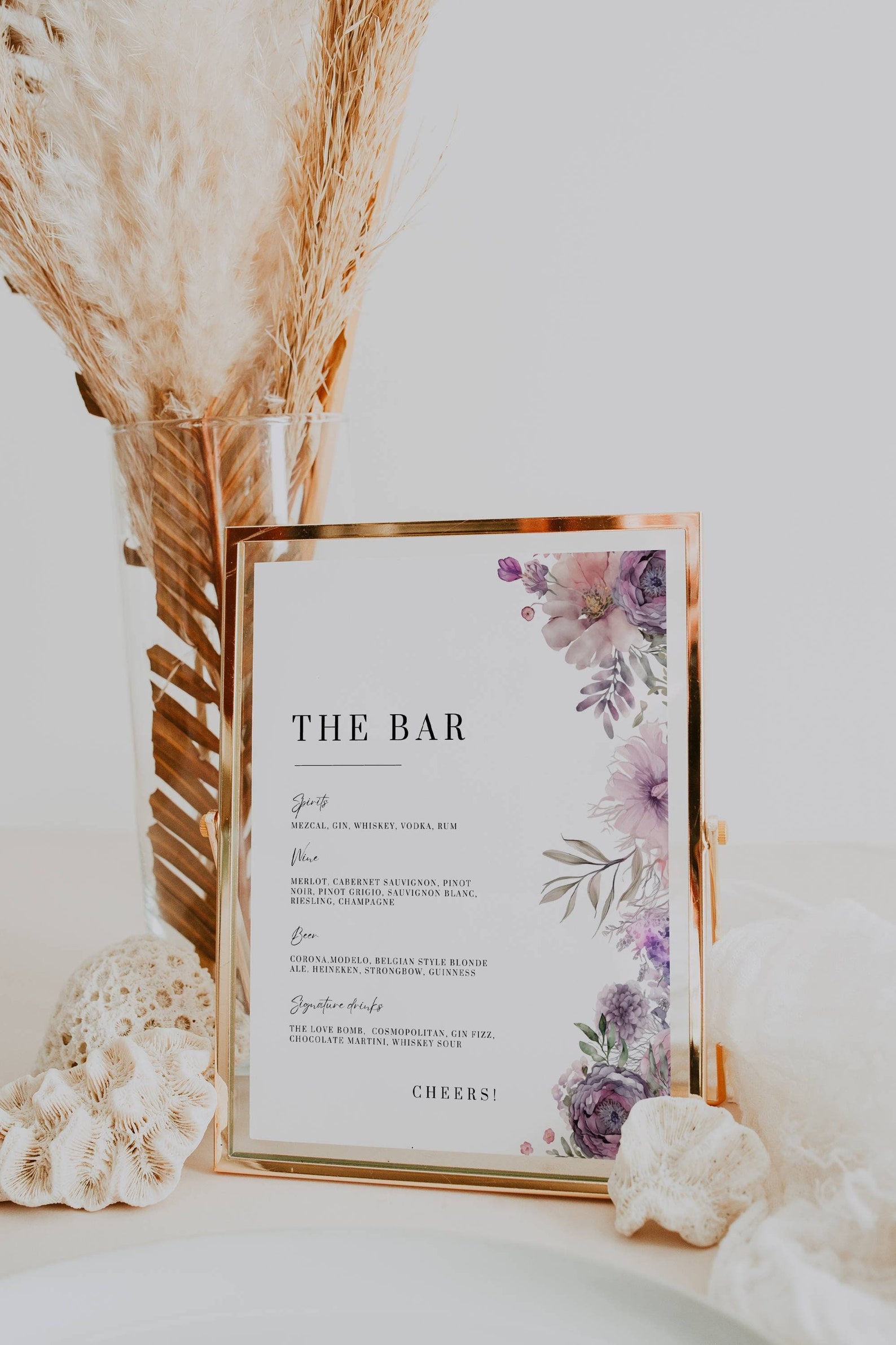 Lilac Floral Bar Menu Sign, Lavender Wedding Bar Menu Template ...