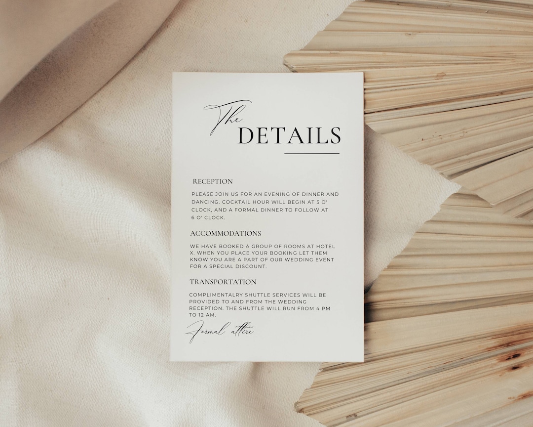 Wedding Invite Details Card TEMPLATE Modern Details Insert - Etsy
