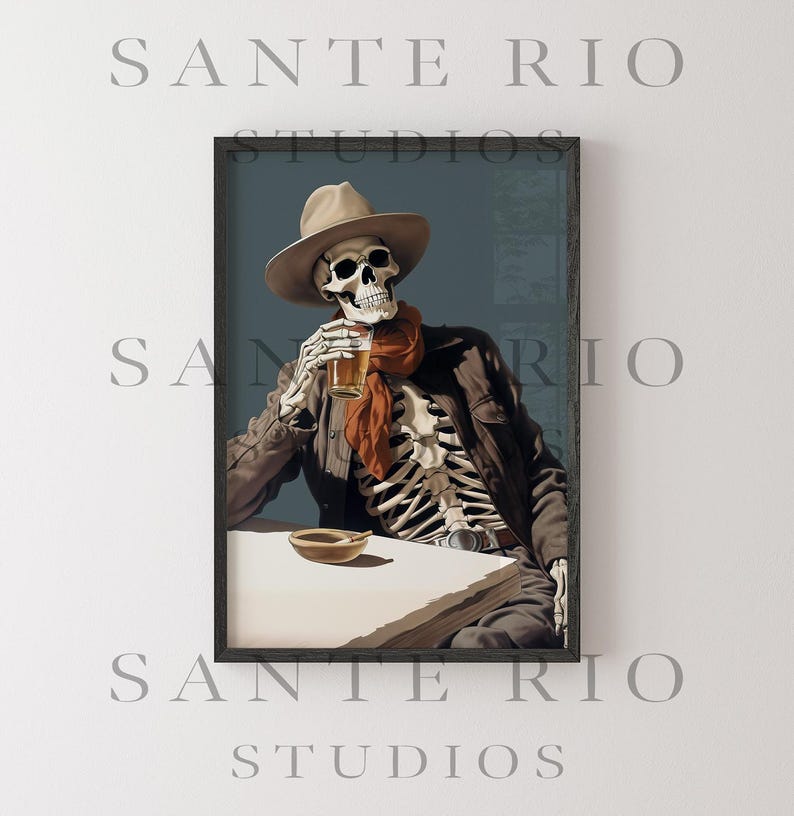 Dead Man's Drink: Retro Skeleton Cowboy Art Print, Southwestern ...