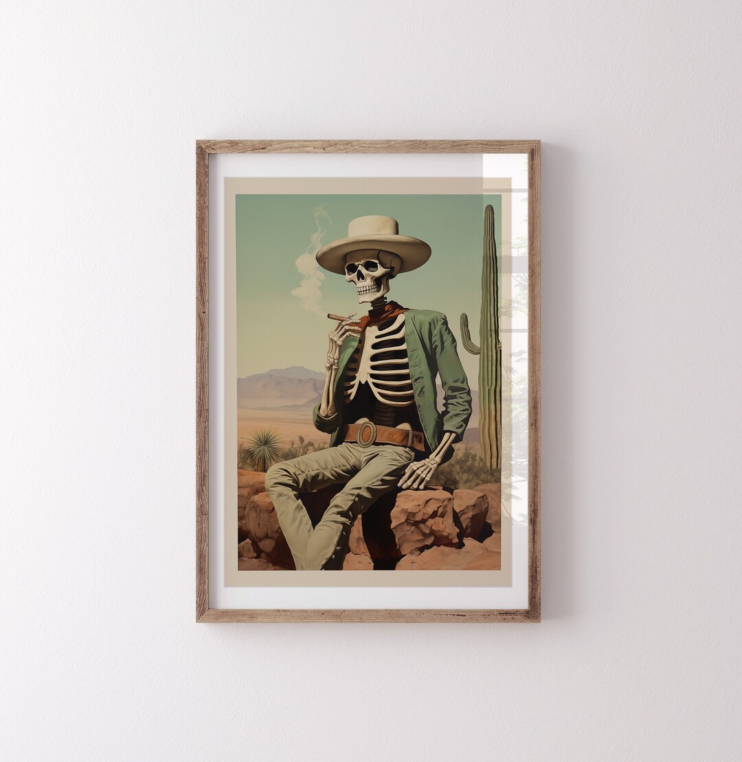 Cigar Trails / Retro Skeleton Cowboy Art, Western Wall Art, Cowboy ...
