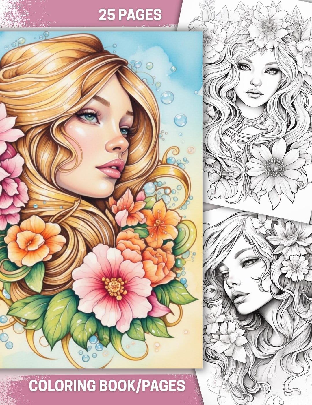 Floral Portrait Coloring Book | Women & Flowers, Stress Relief, Mindful ...