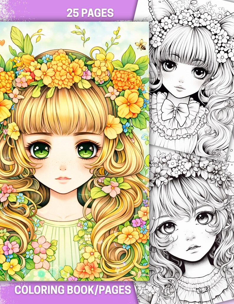 Kawaii Girls Coloring Book | Anime Style Art, 25 Pages | Printable PDF ...