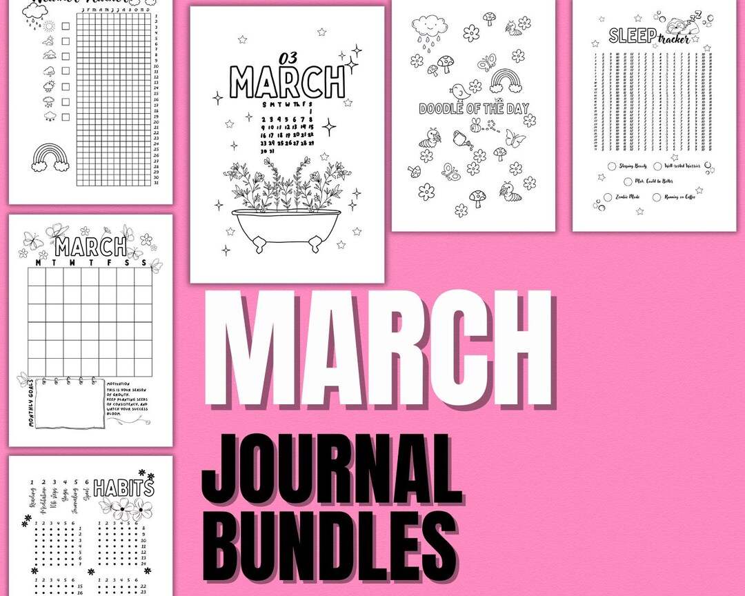 March Journal Bundle - March Planner - Habit & Mood Tracker | Coloring ...