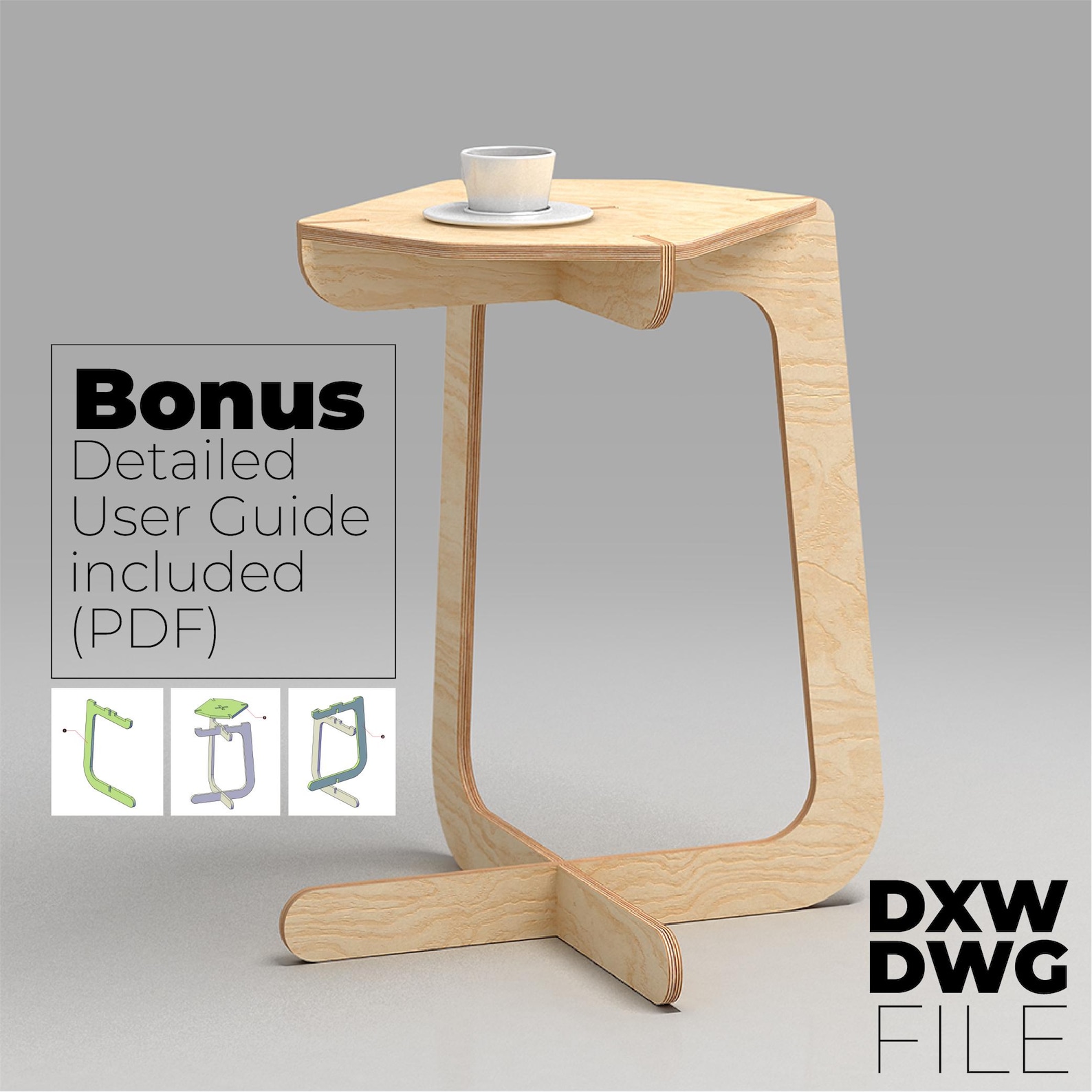 Modern Minimalist C-side Table CNC Router Cutting DXF File Wooden Bedside Table, Modern Stool ...