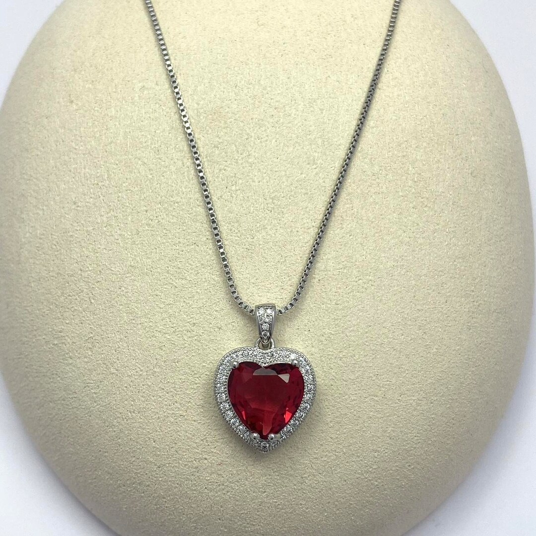 925 Silver Plated Artificial Ruby Love Heart Pendant Necklace for Women ...