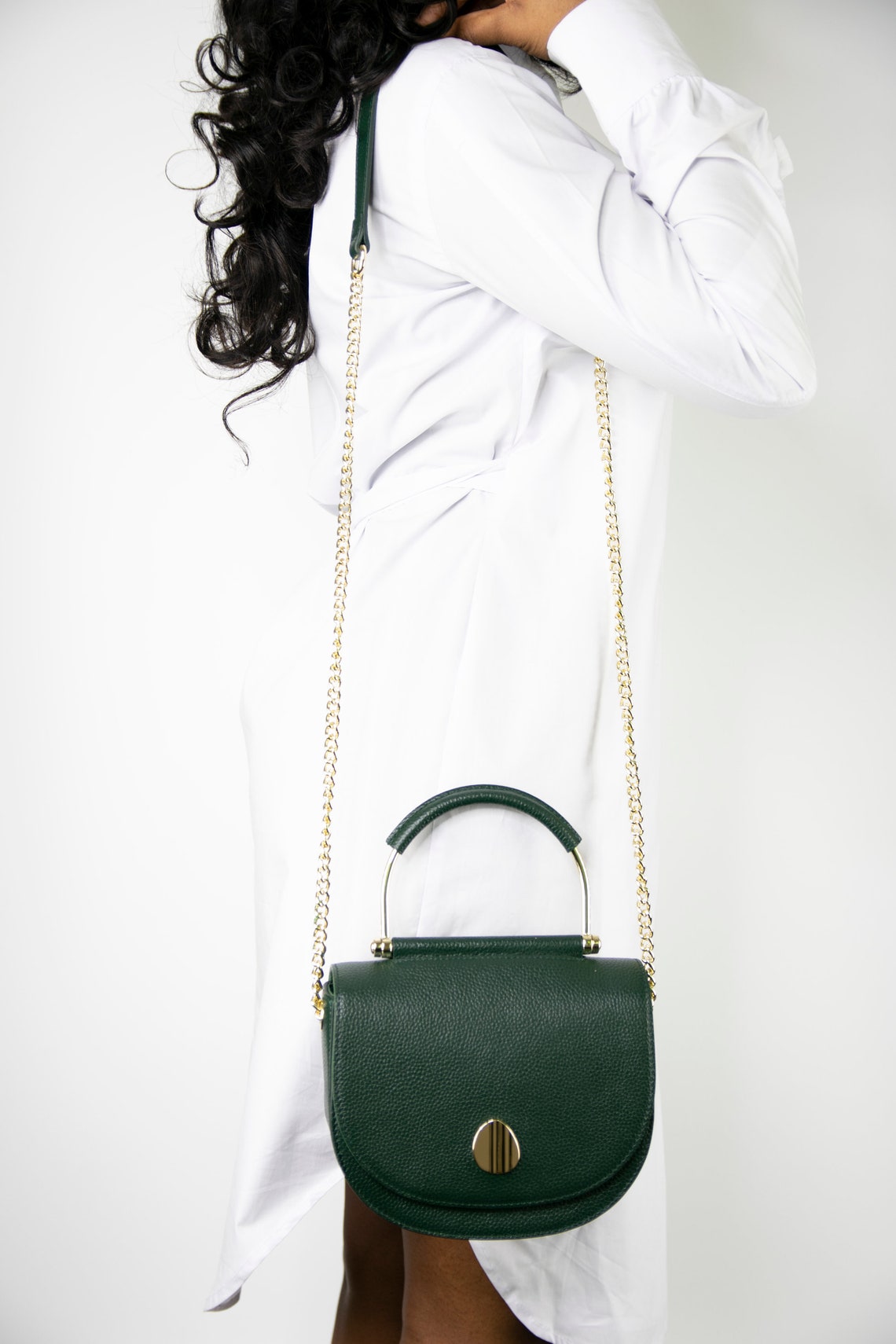Genuine Leather Crossbody Bag | Forest Green Structured Purse With Gold ...