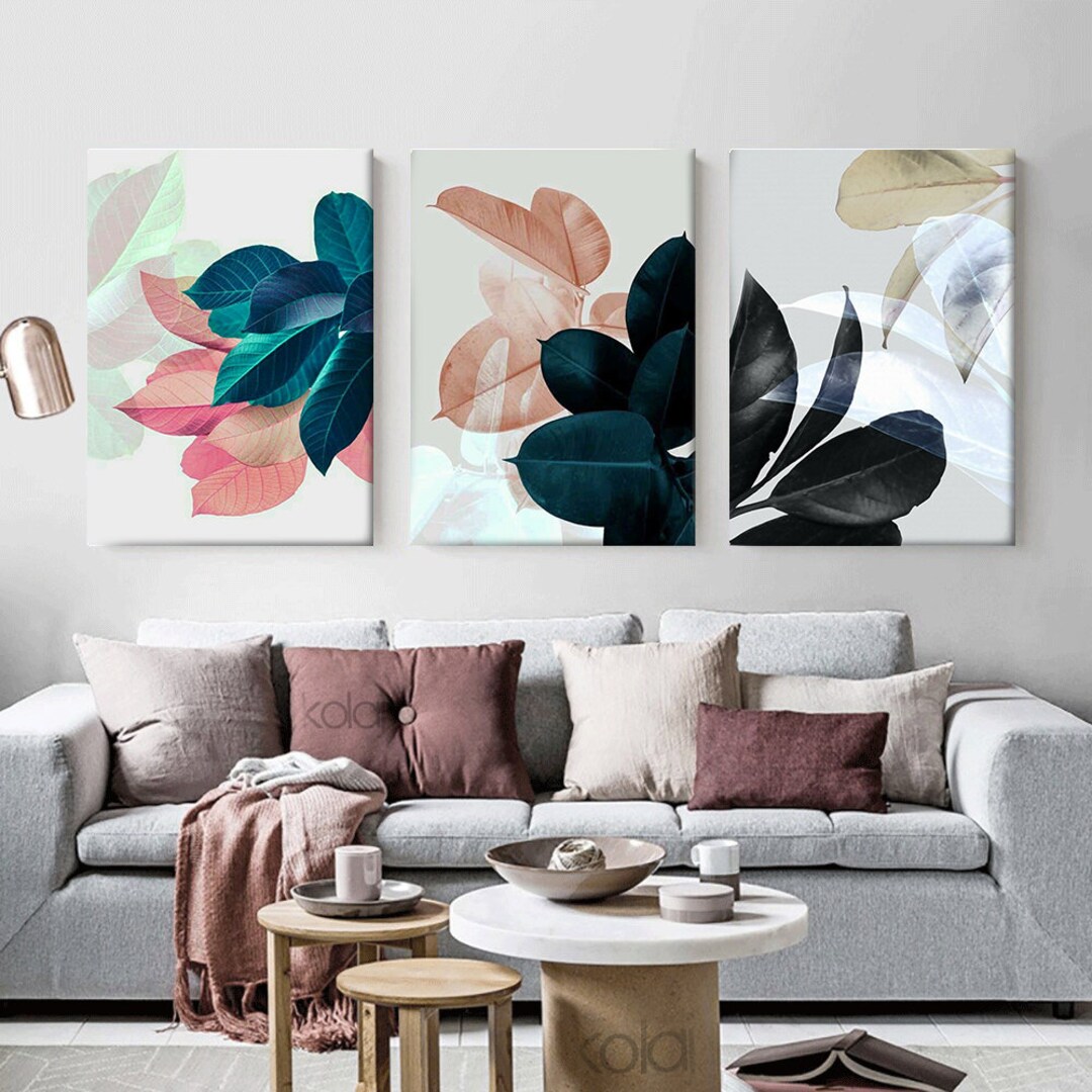 Colorful Botanical Leaf Triptych Canvas Set Modern Home Wall Decor ...