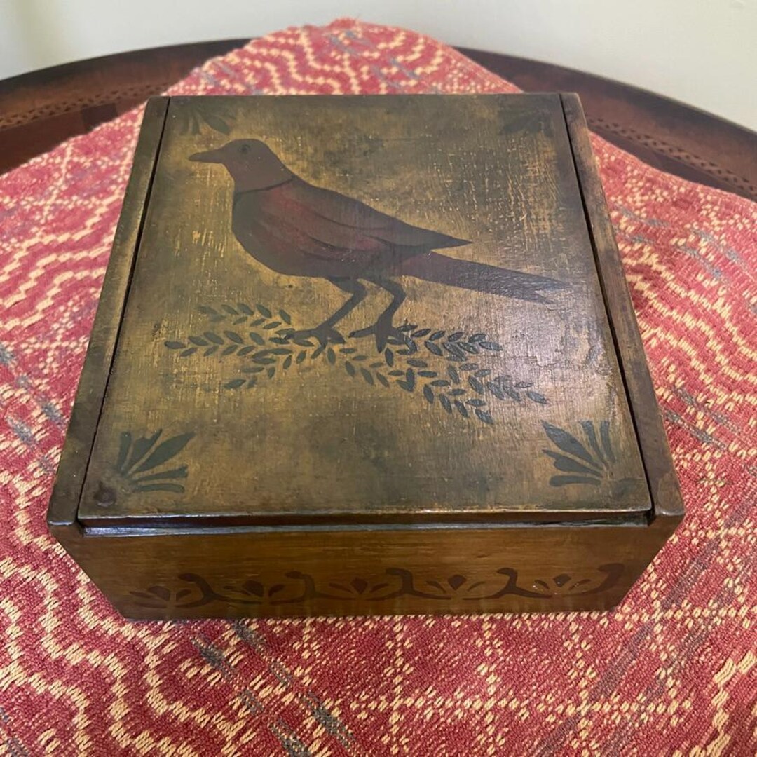 Hand-painted Folk Art Bird Box – Repurposed Cigar Box, Vinegar Grained ...