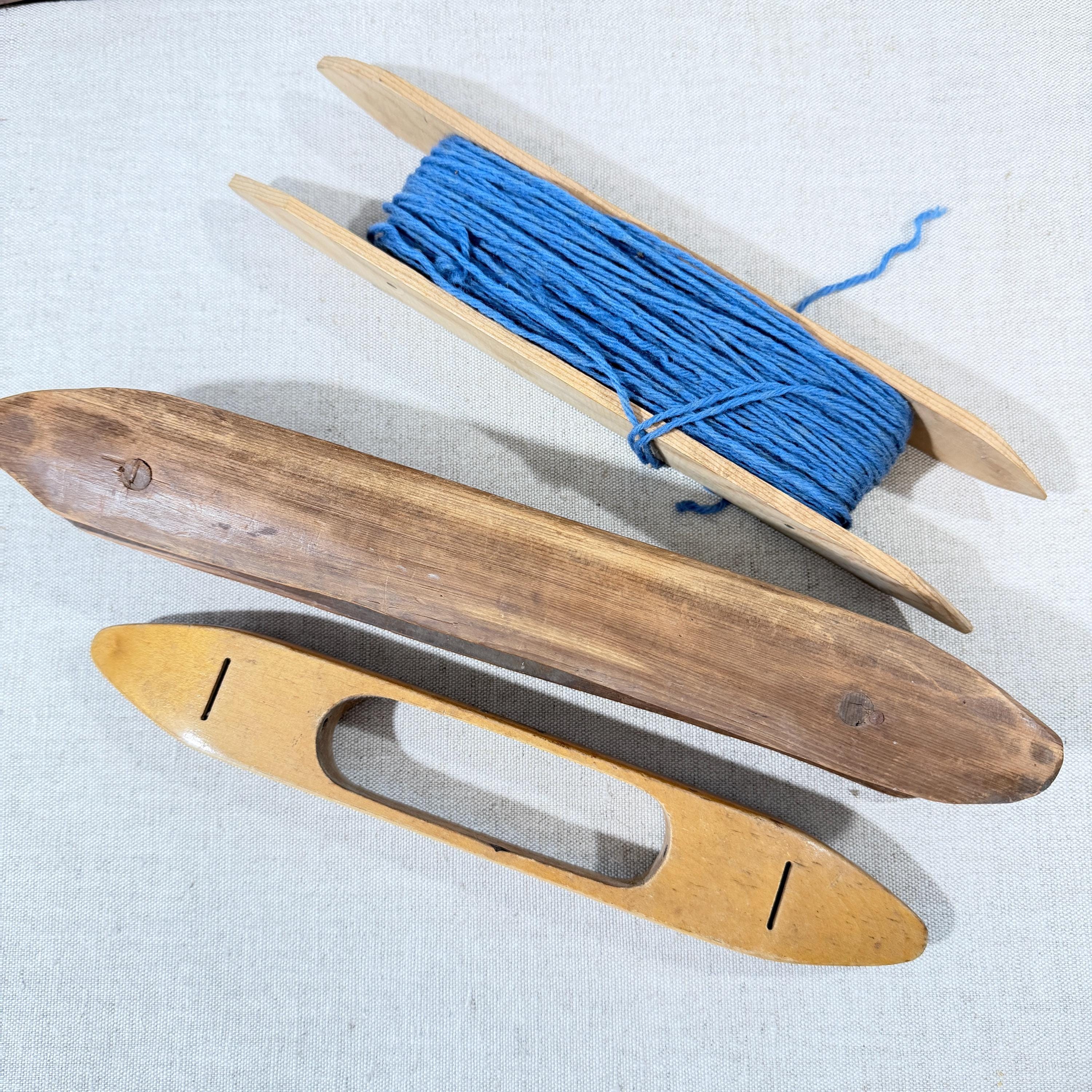 Vintage Wooden Weaving Shuttles Bundle: 3 Loom Tools With Yarn, Rustic ...