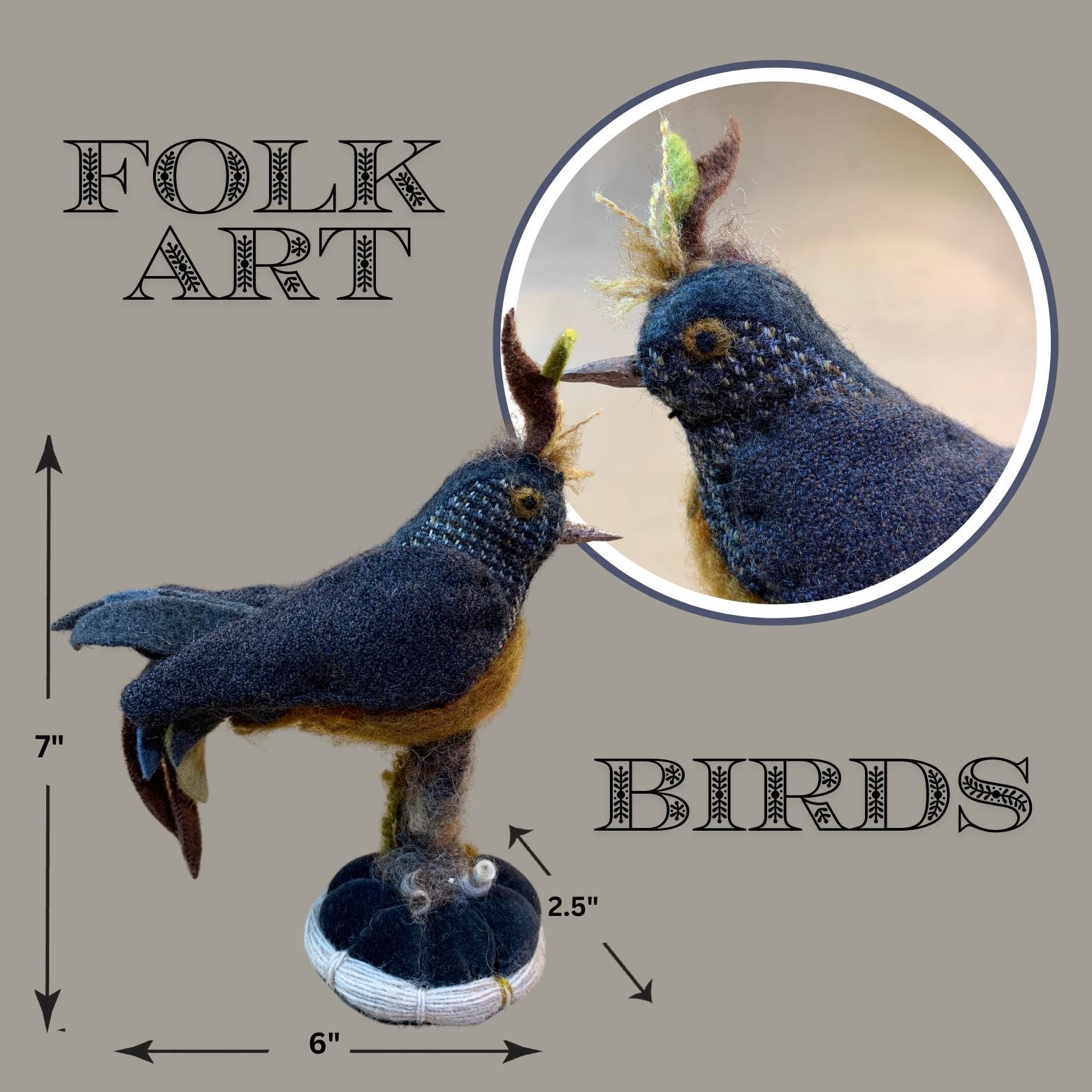 Wool & Needle-felted Folk Art Bird on a Velvet Pincushion - Sewing ...