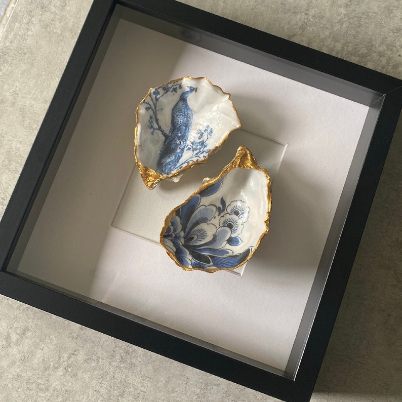 Set of 3 Oyster Shells, Delft Blue Decoration, With Golden Rim. - Etsy