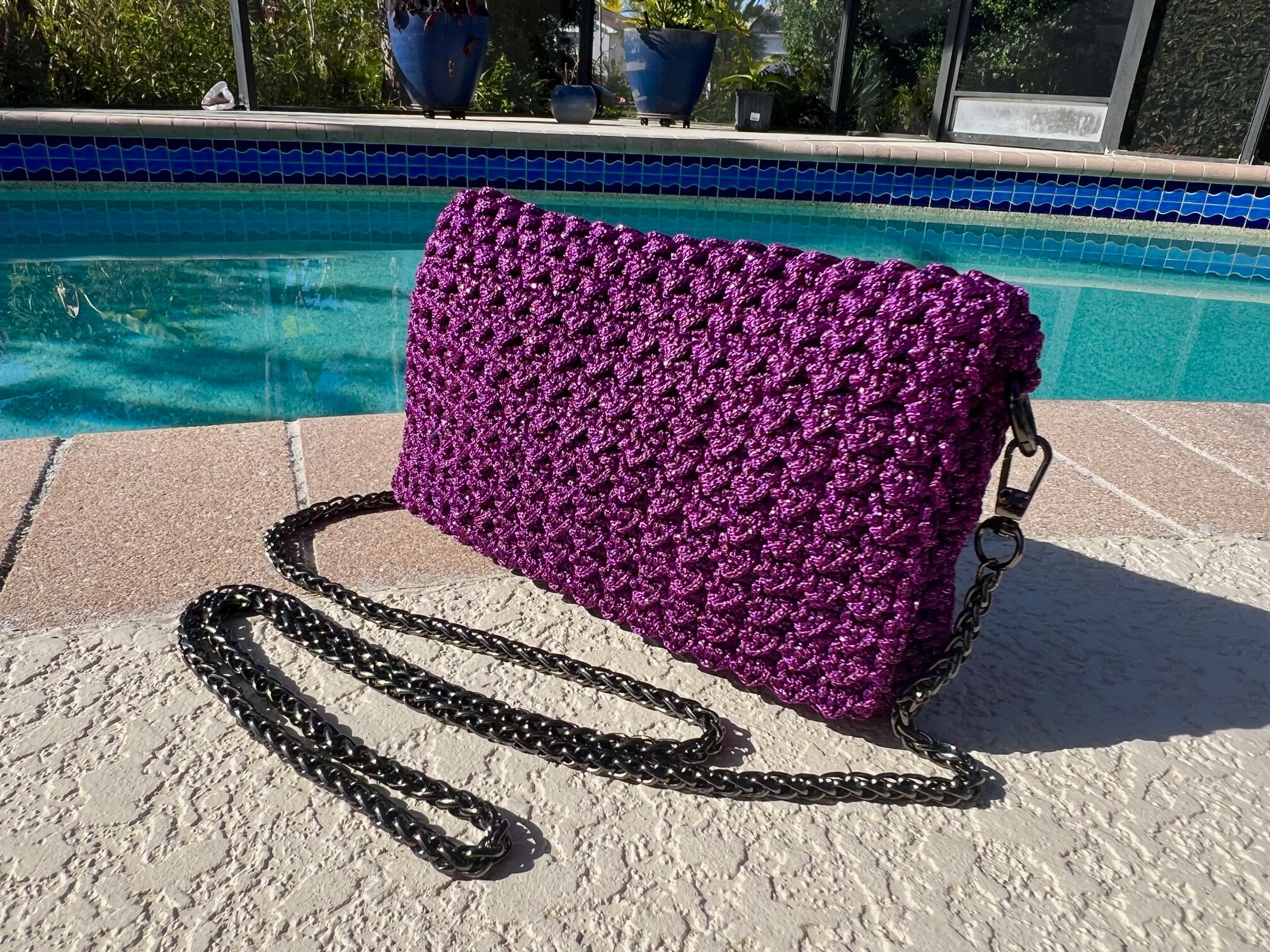 Handmade Evening Crochet Bag, Violet Hand Knitted Bag, Shoulder Clutch ...