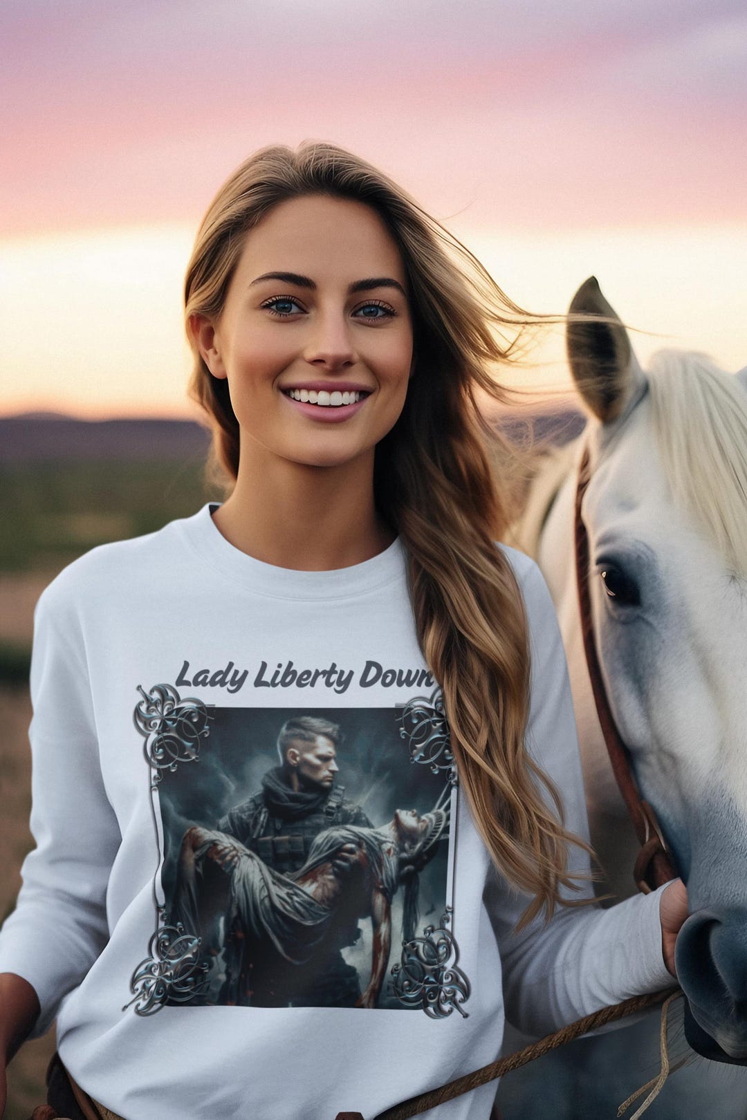 LADY LIBERTY DOWN Heavy Weight Patriotic Military Long Sleeve T-shirt ...