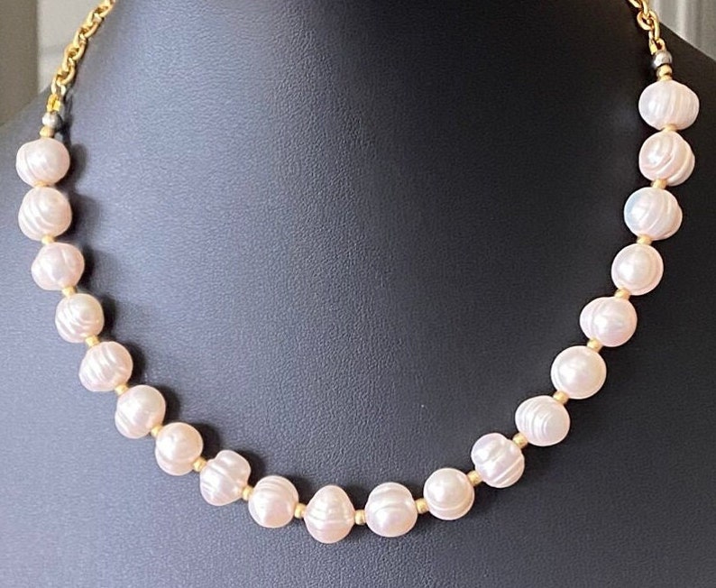 Large Natural Pink Pearl Necklace and Dangle Earring Set on 18K Gold ...