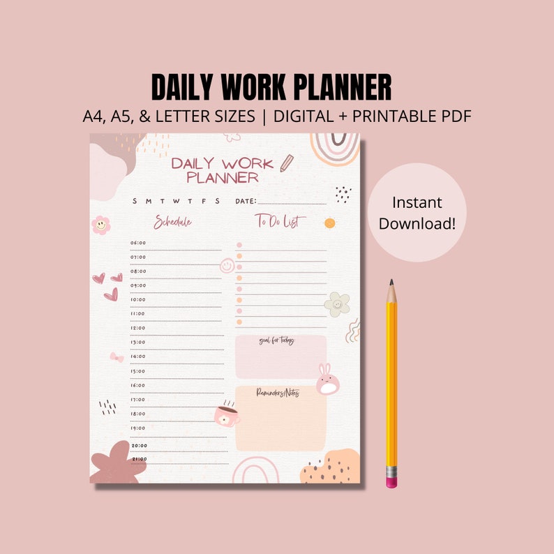 Daily Work Planner Printable PDF Instant Download Cute Girly Boho ...