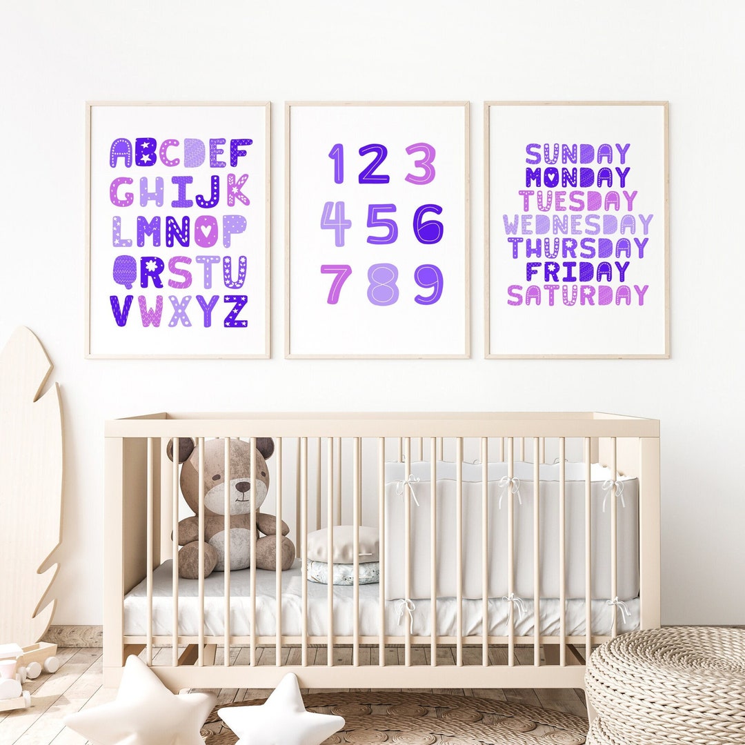 Nursery Alphabet ABC Poster Number Poster Days of the Week Purple Set ...
