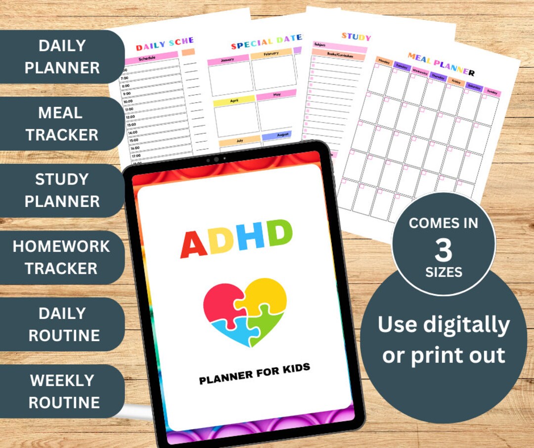 ADHD Planner for Kids, Printable & Digital Daily Planner, Study, Meal ...