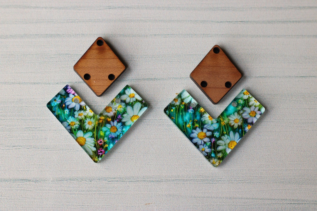 DIY 2 Piece Pattern Print Wood Acrylic Evening Daisies Earring Blanks ...