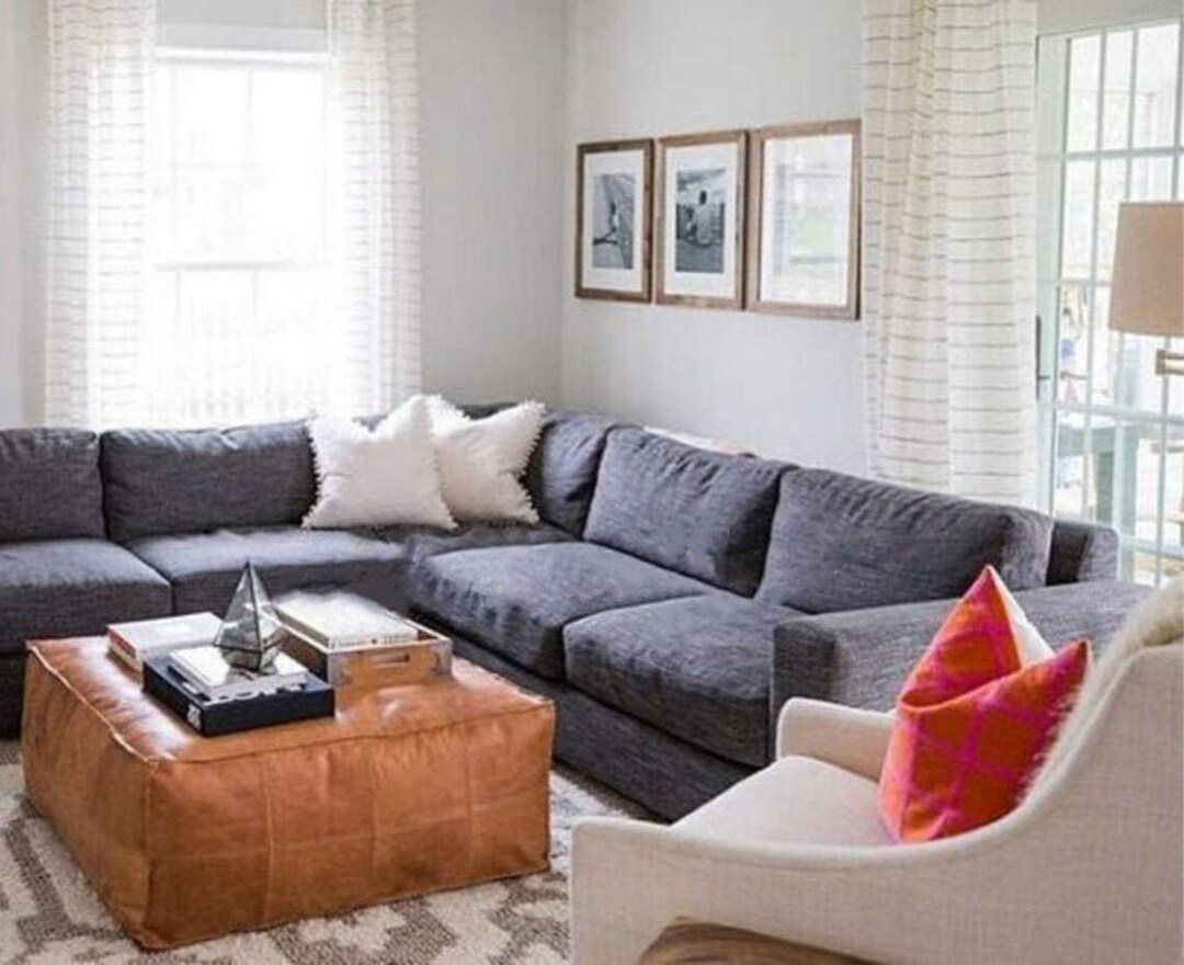 Large Square Leather Cover Pouf Handmade Cow Leather Poufs Living Room ...