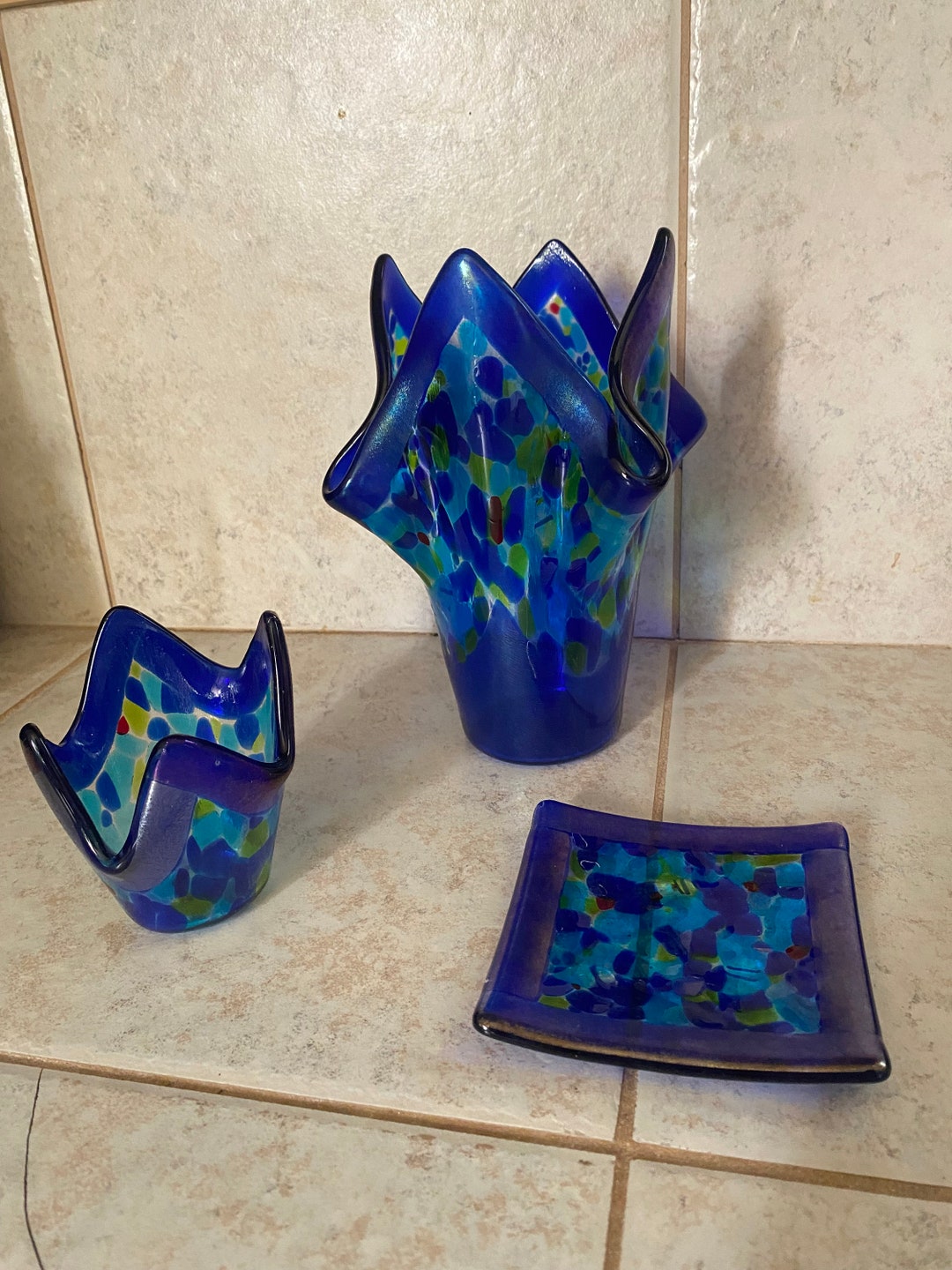 SIGNED kh Fused Art Glass Set - Etsy