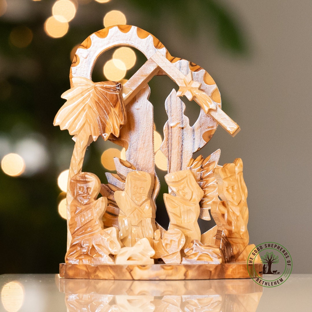 Olive Wood One Piece Nativity Scene, Wooden Nativity Set, Kids Nativity ...