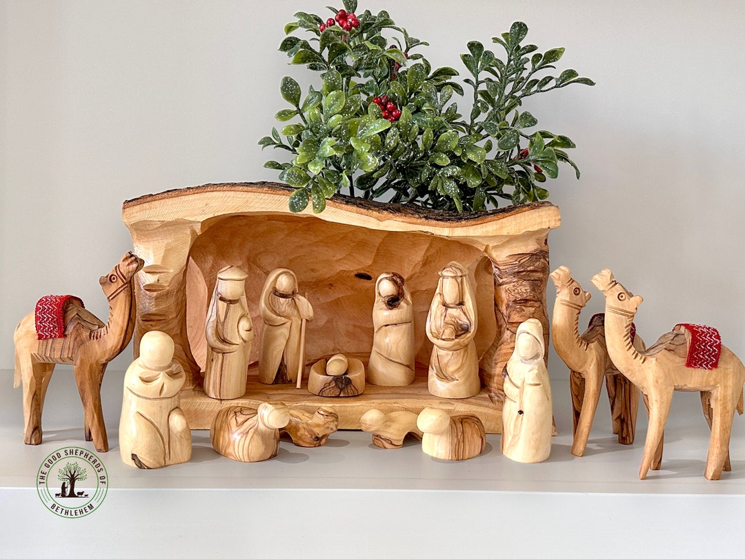 Olive Wood Nativity Set Olive Wood Nativity Set in a Cave Hand Carved ...